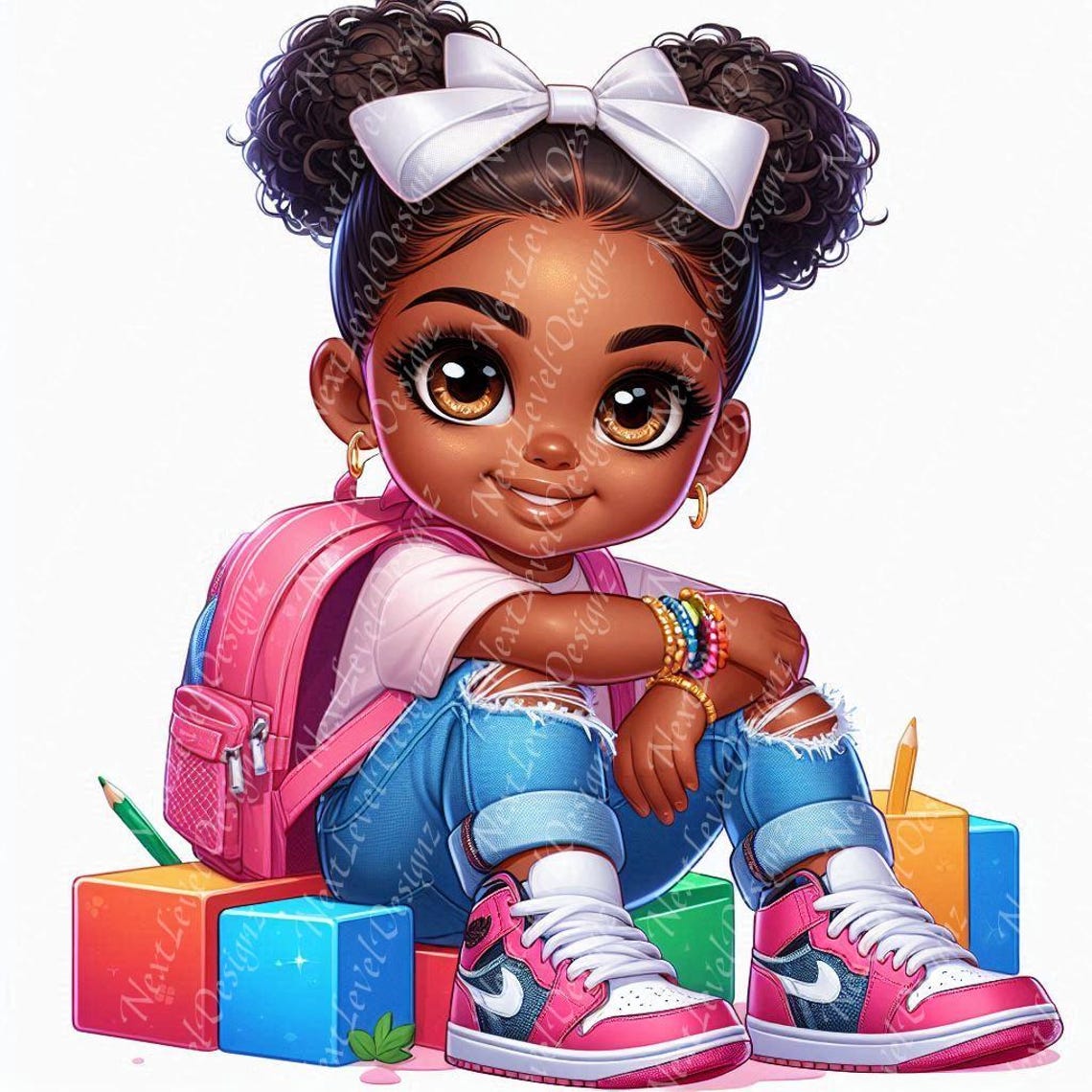 Back-to-school Joyful African American Girl Digital Illustration ...