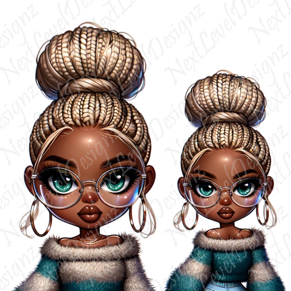 Chibi African American Woman Clipart PNG Digital Art Bundle Doubletake ...