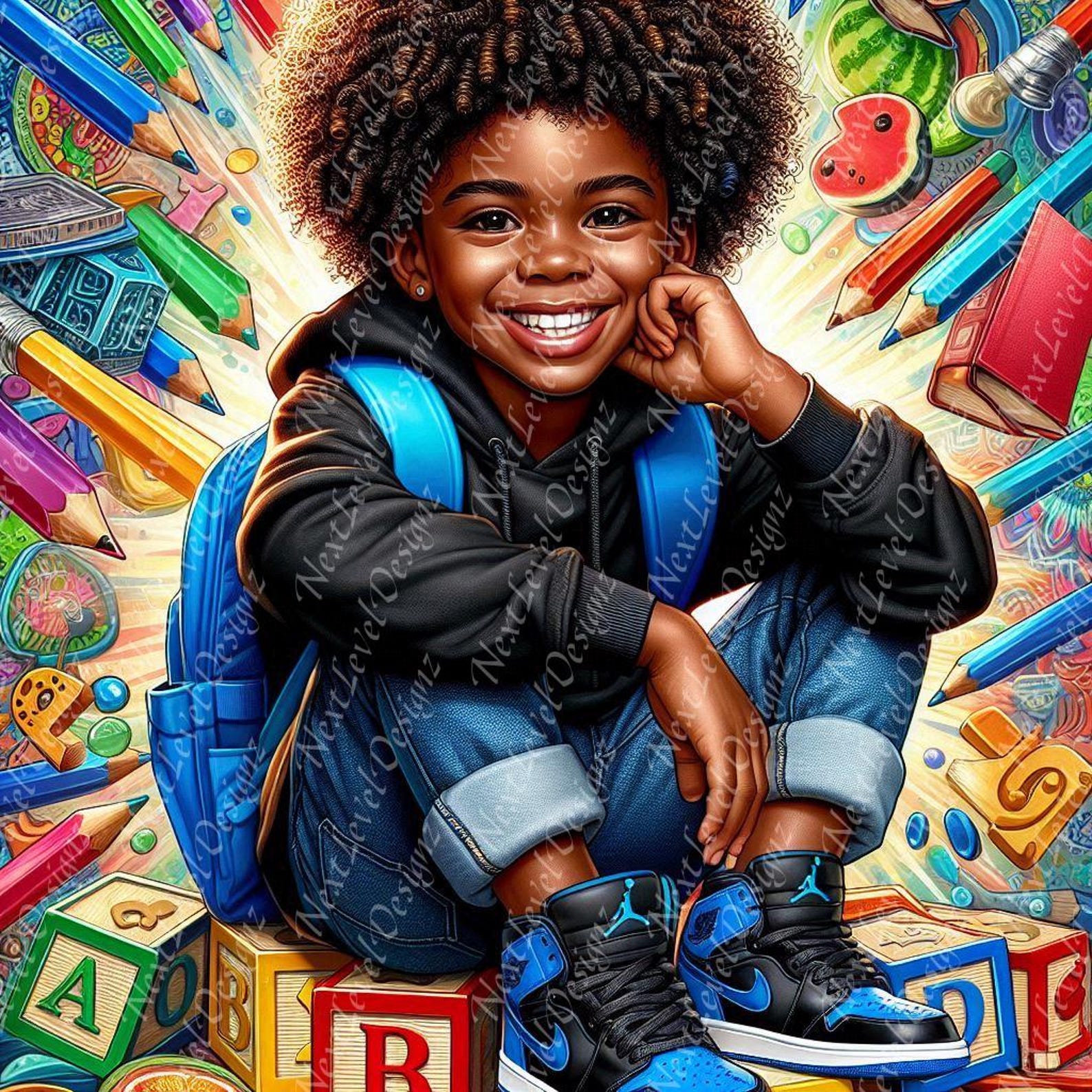 Back-to-school Joyful African American Boy Digital Illustration ...