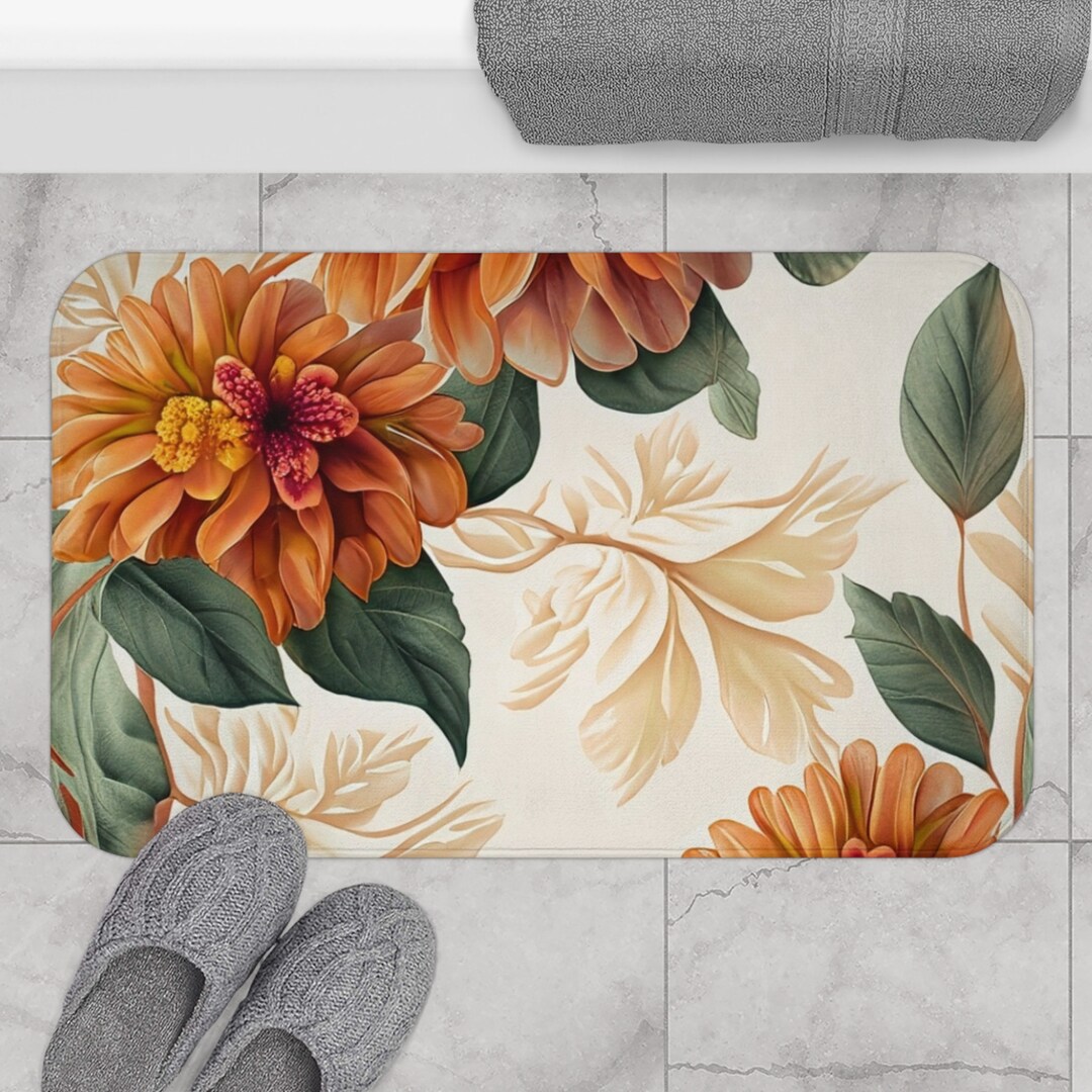Orange Dahlia Floral Bath Mat: Sage Green Leaves, Anti-slip Microfiber ...
