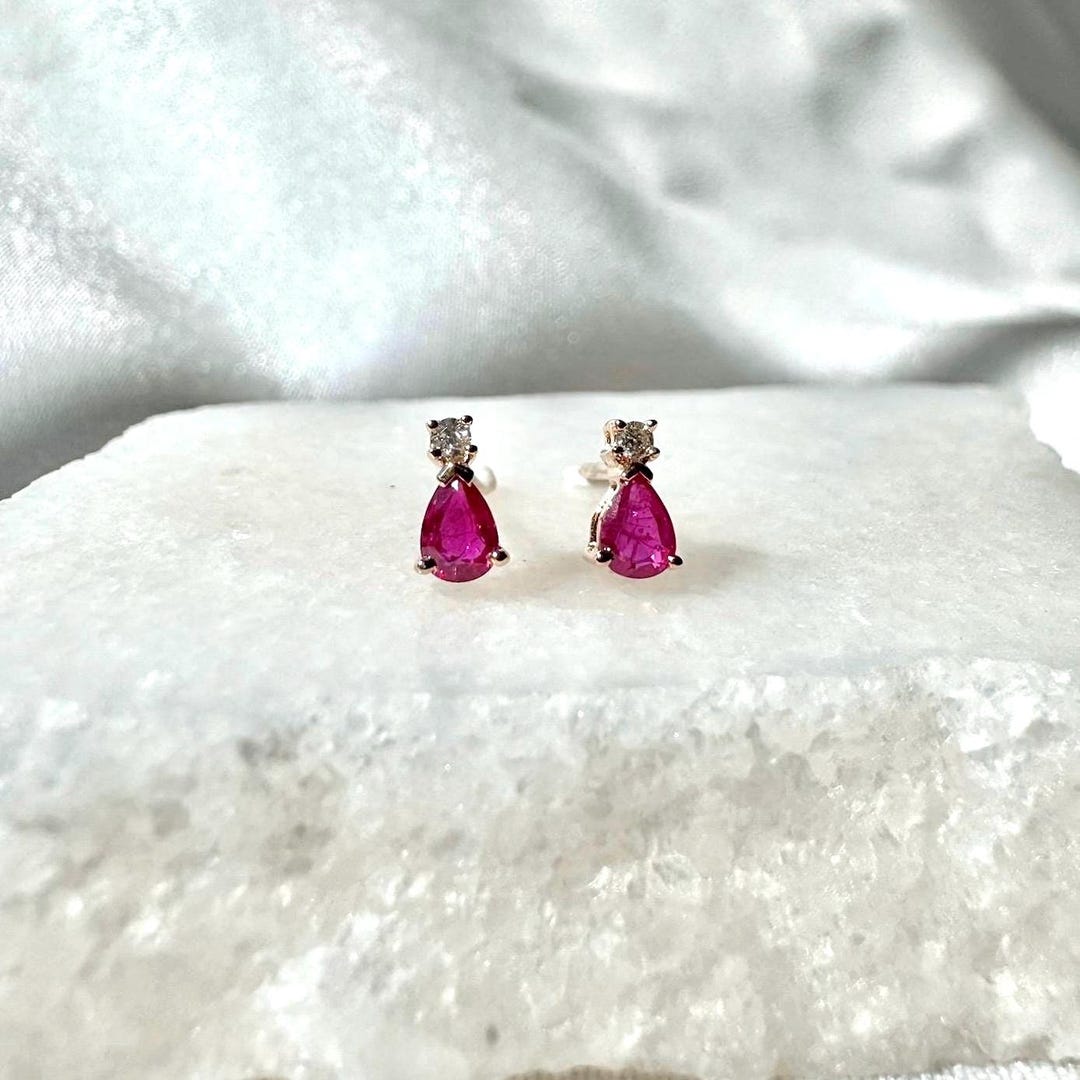 Genuine Ruby and Diamond Teardrop Stud Earrings / 14k Solid White Gold - Etsy UK