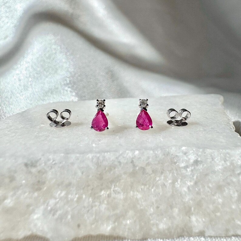 Genuine Ruby and Diamond Teardrop Stud Earrings / 14k Solid White Gold - Etsy UK