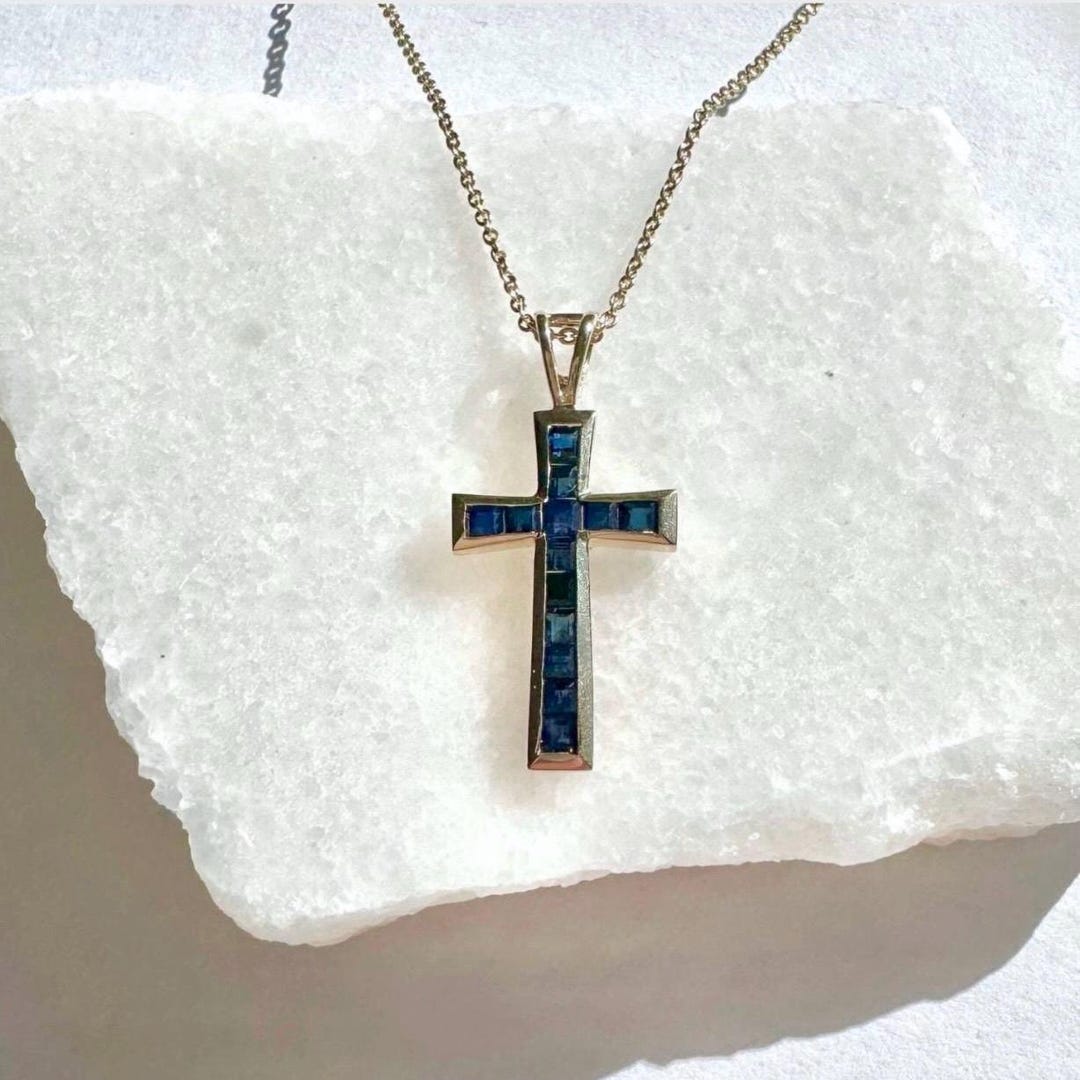 Genuine Sapphire Tapered Cross Pendant / 14k Solid Gold - Etsy