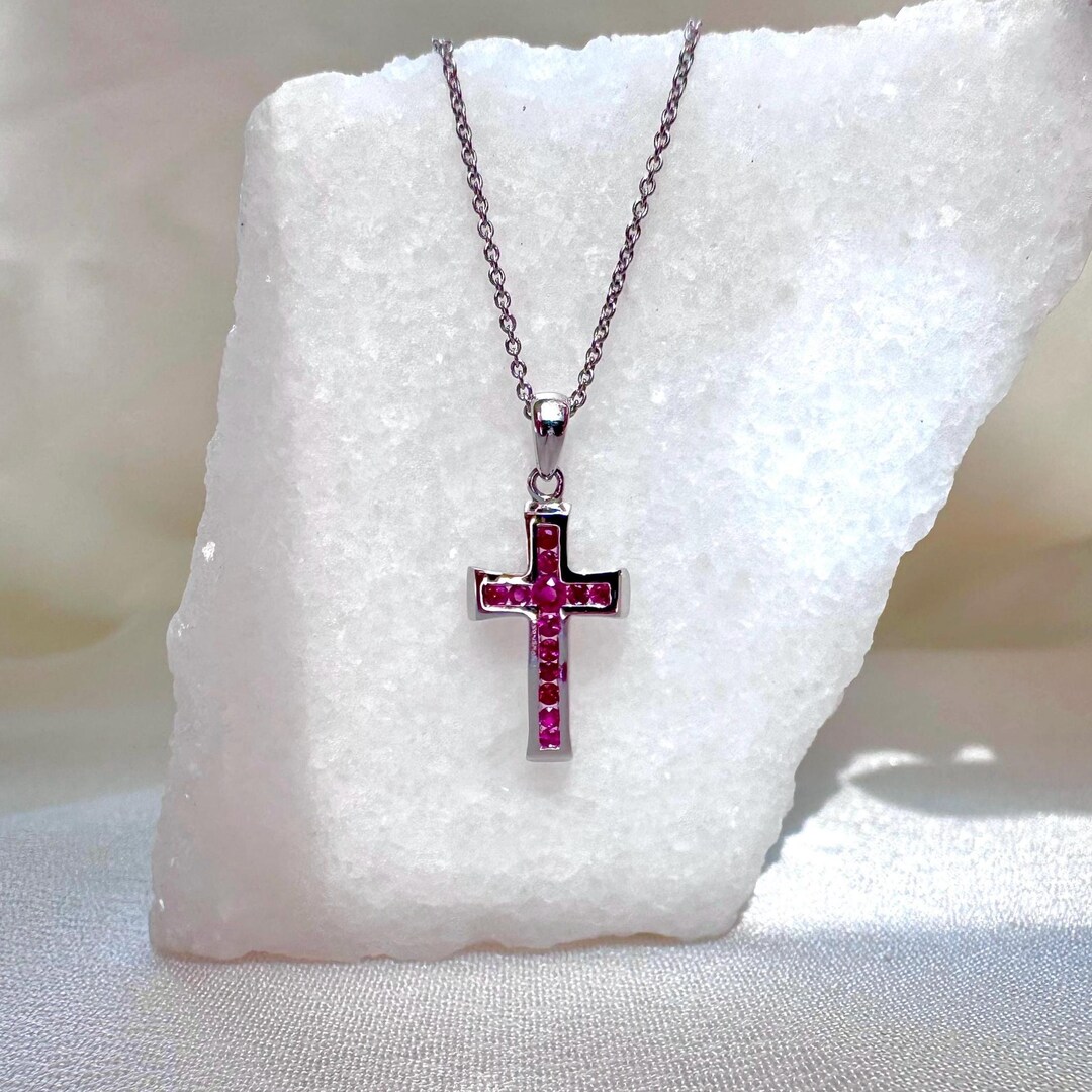 Genuine Ruby Mini Tapered Cross Pendant / 14k Solid White Gold - Etsy