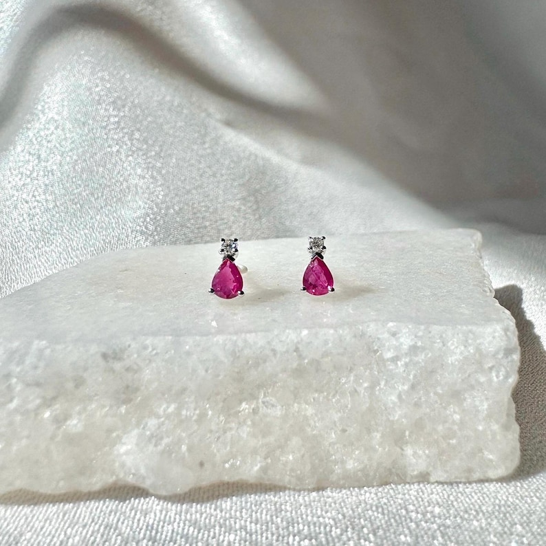 Genuine Ruby and Diamond Teardrop Stud Earrings / 14k Solid White Gold - Etsy UK