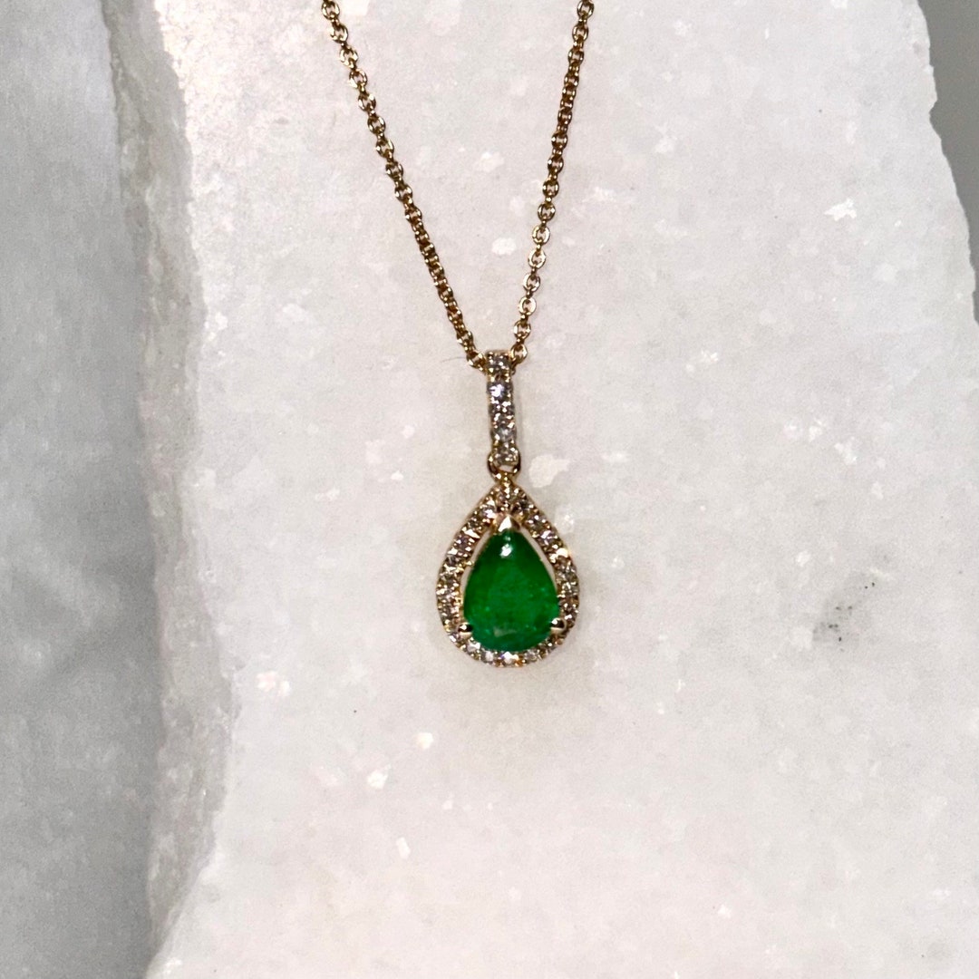Genuine Emerald and Diamond Teardrop Pendant | 14k Solid Gold - Etsy
