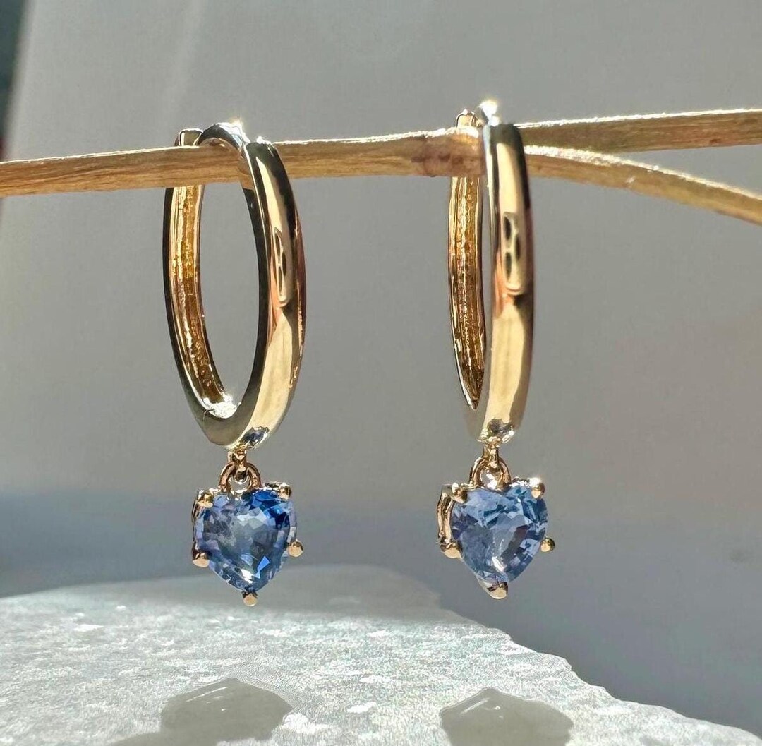 Genuine Ceylon Sapphire Mini Heart Dangle Hoops / 14k Solid Gold - Etsy