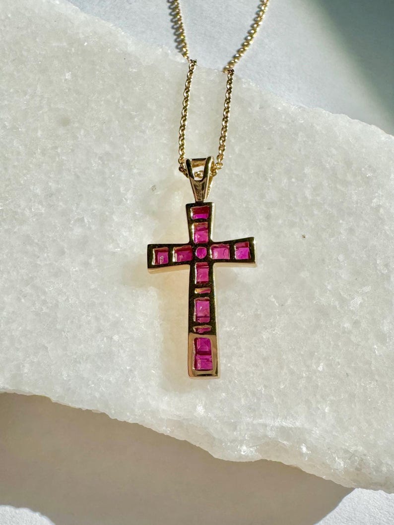 Genuine Ruby Tapered Cross Pendant / 14k Solid Gold - Etsy