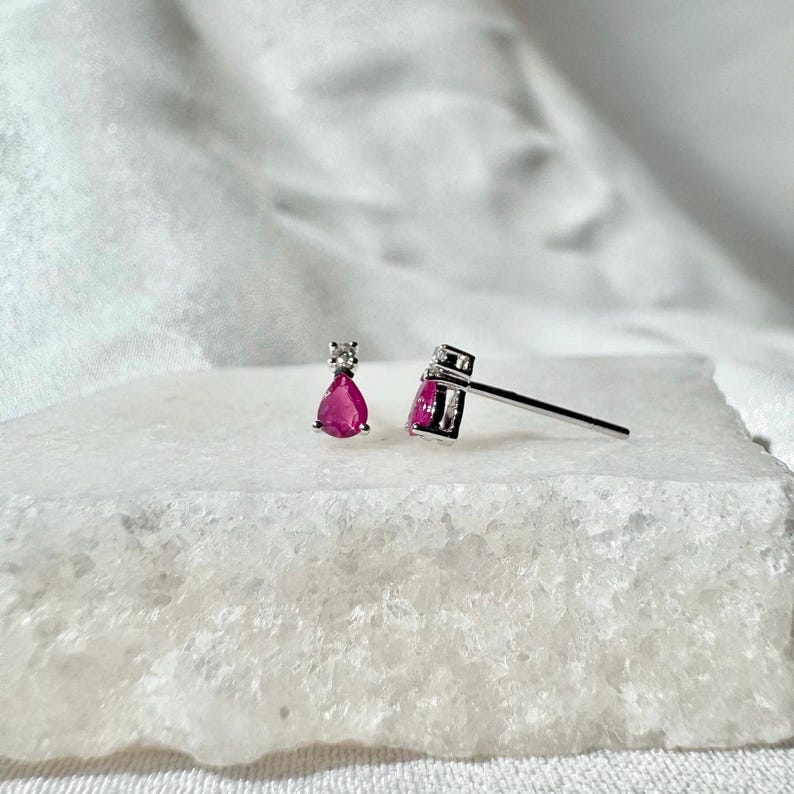 Genuine Ruby and Diamond Teardrop Stud Earrings / 14k Solid White Gold - Etsy UK