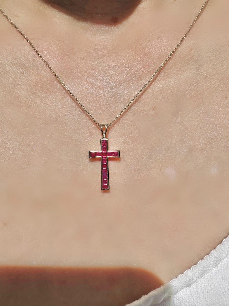 Genuine Ruby Tapered Cross Pendant / 14k Solid Gold - Etsy