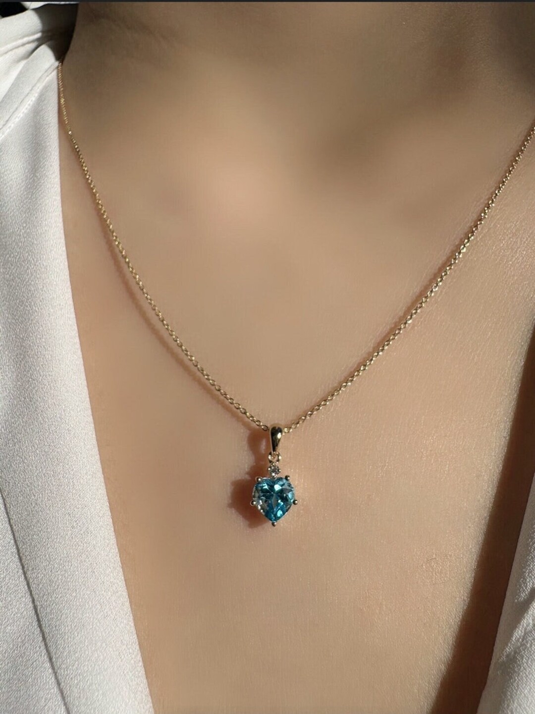 Genuine Blue Topaz and Diamond Heart Pendant / 14k Solid Gold - Etsy
