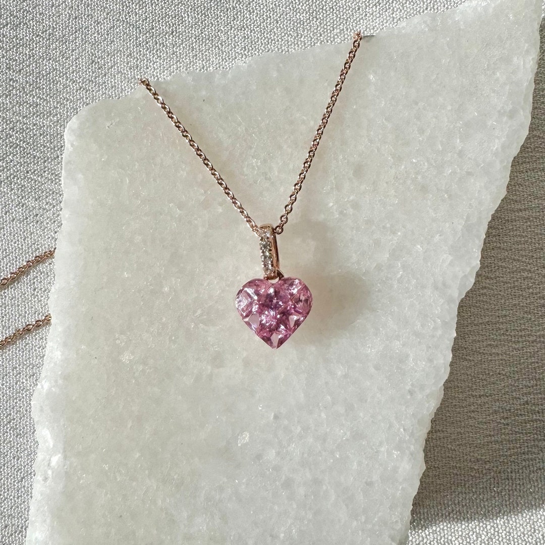 Genuine Pink Sapphire and Diamond Heart Pave Pendant | 14k Solid Gold ...