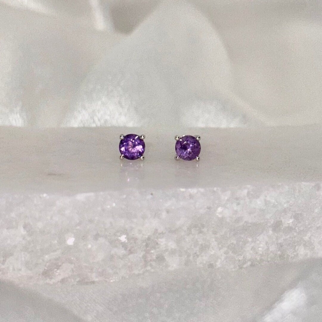 Genuine Amethyst 4 Mm Round Solitaire Stud Earrings / 14k Solid Gold - Etsy