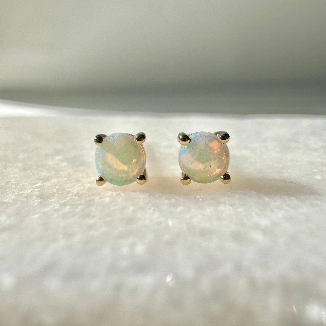 Genuine Opal 4 Mm Round Solitaire Stud Earrings / 14k Solid Gold - Etsy