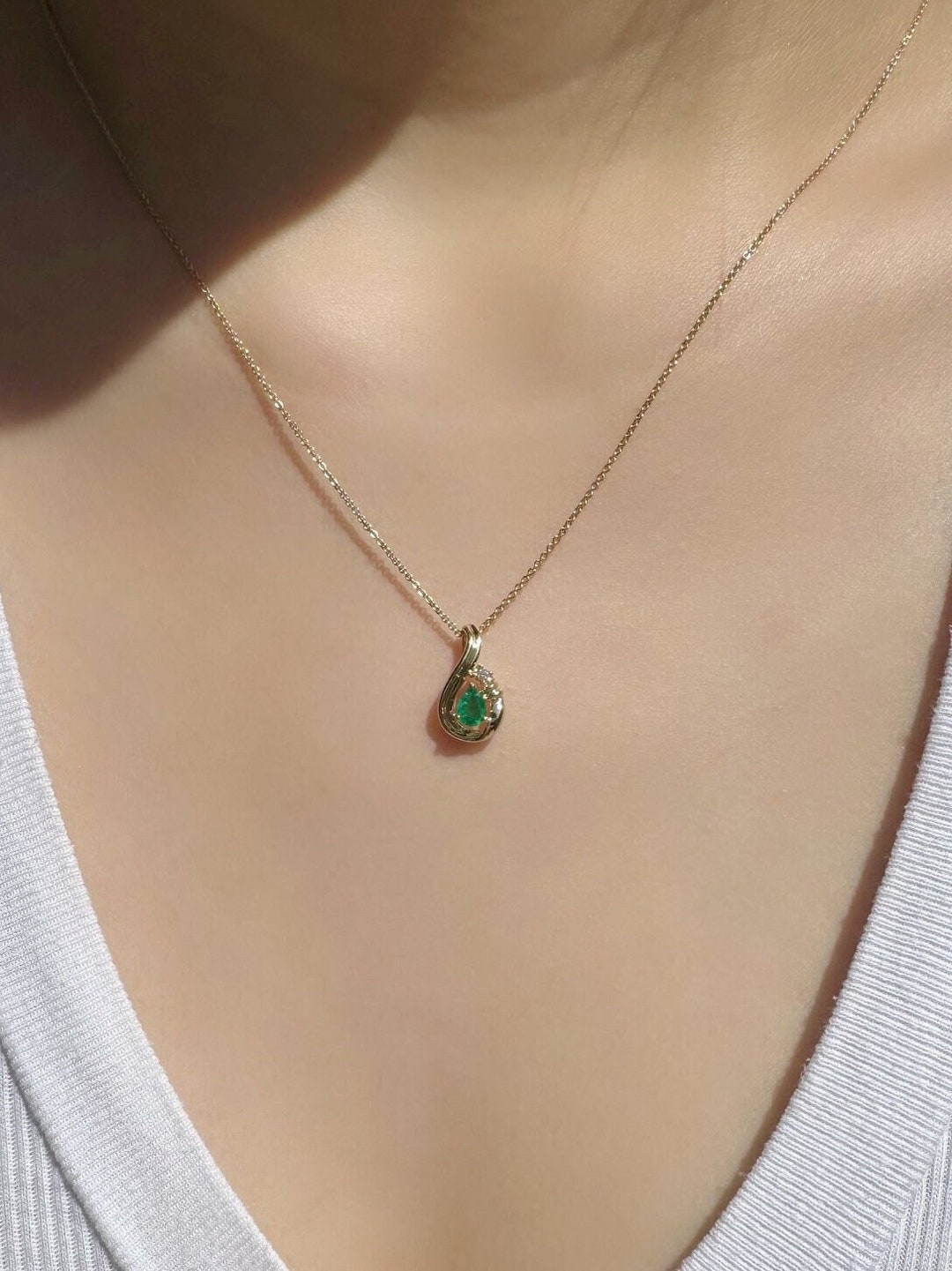 Genuine Emerald and Diamond Treble Clef Teardrop Pendant / 14k Solid ...