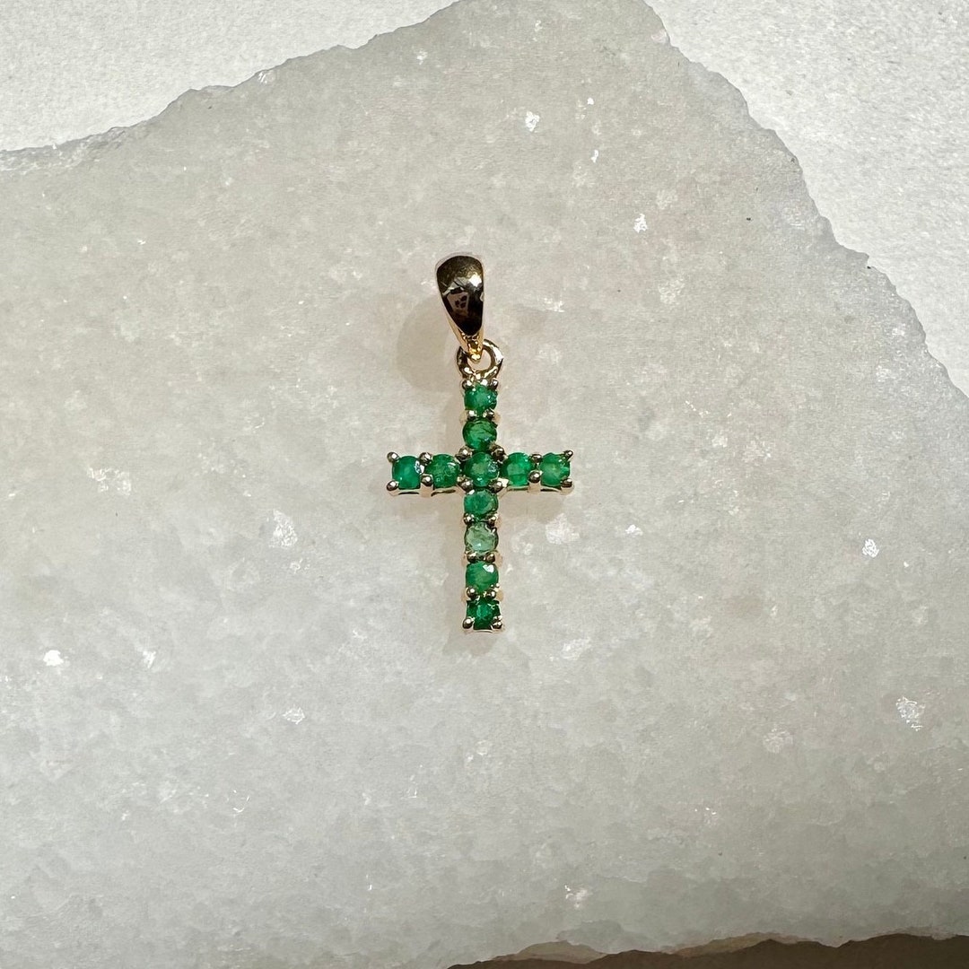 Genuine Emerald Cross Pendant mini / 14k Solid Gold - Etsy