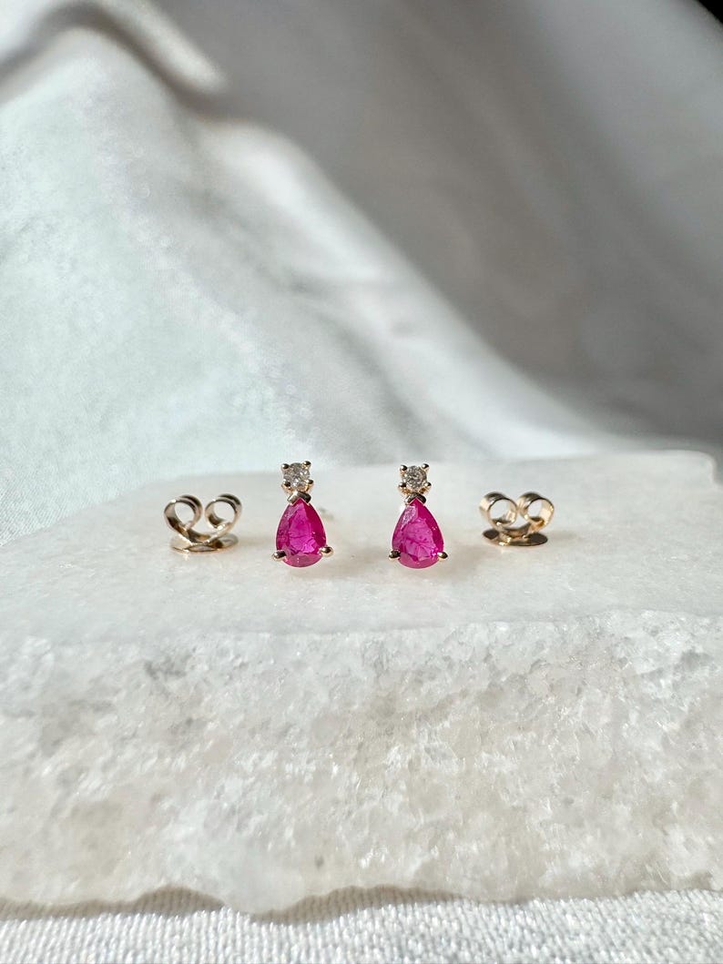 Genuine Ruby and Diamond Teardrop Stud Earrings / 14k Solid White Gold - Etsy UK