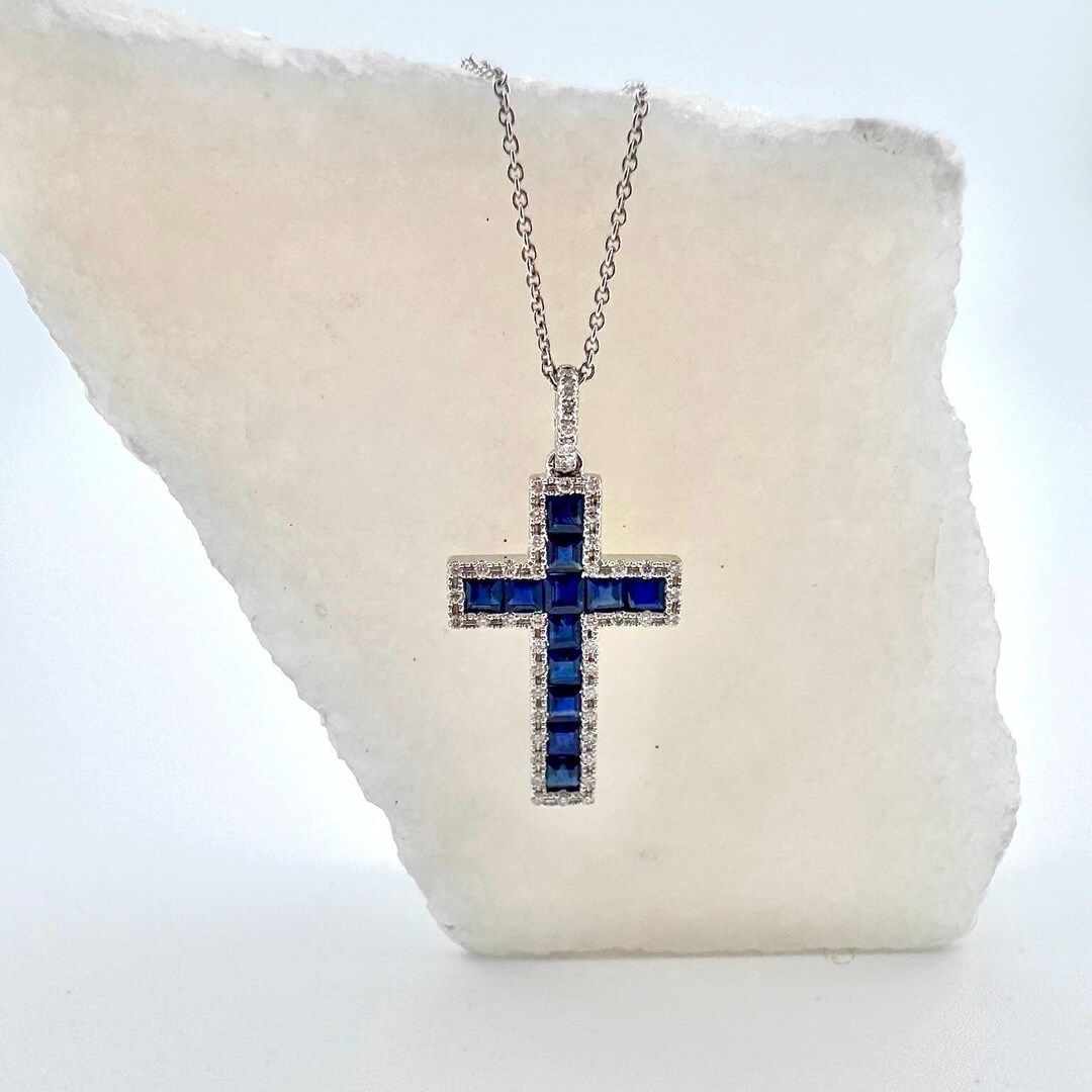 Genuine Sapphire and Diamond Tapered Cross Pendant | 14k Solid Gold - Etsy