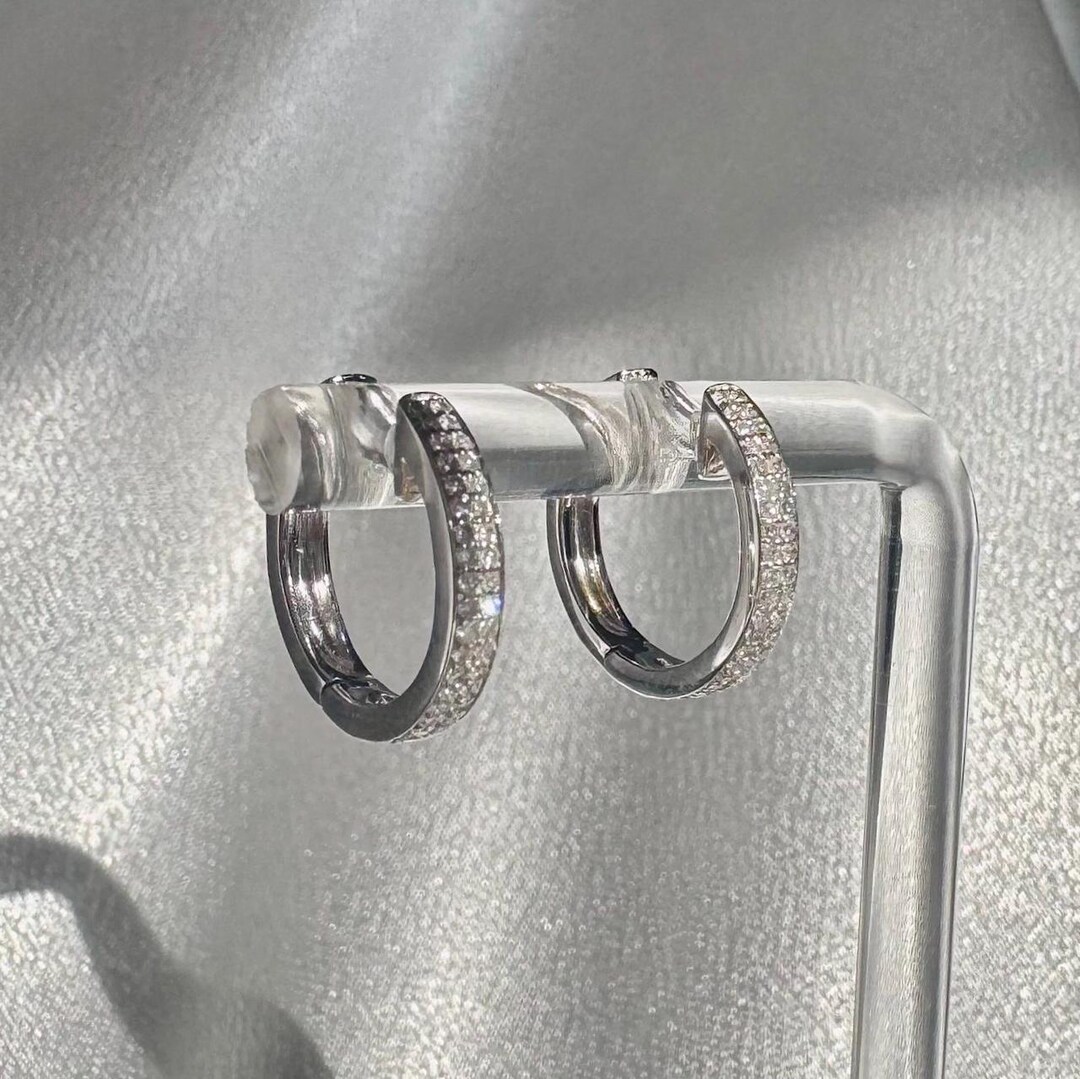 Genuine Pave Diamond Hoops / 18k Solid White Gold / 14k Solid Yellow ...