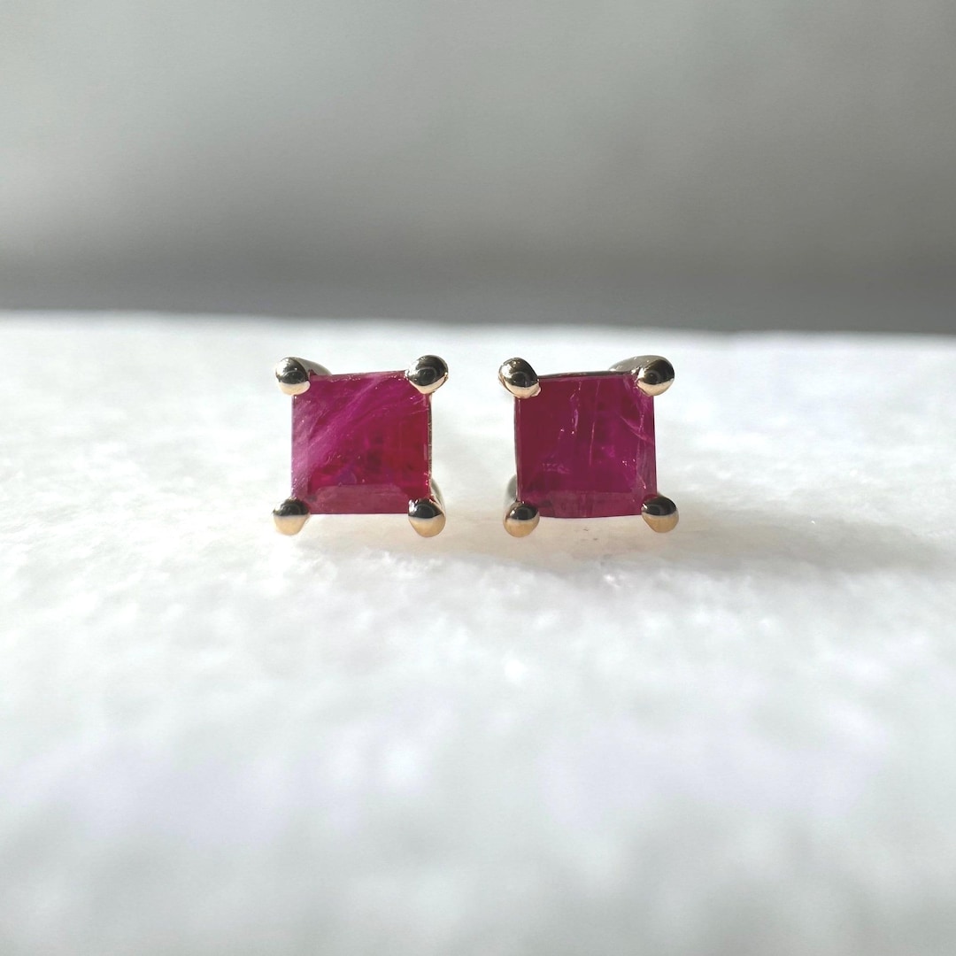 Genuine Ruby Princess Cut Stud Earrings / 14k Solid Gold - Etsy