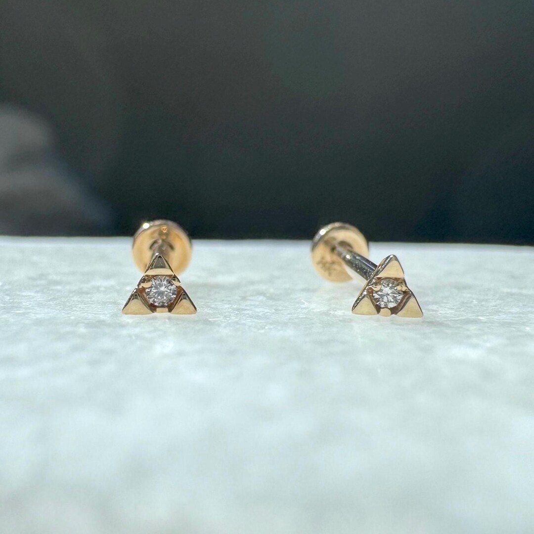 Genuine Diamond Triangle Studs / 14k Solid Yellow Gold - Etsy