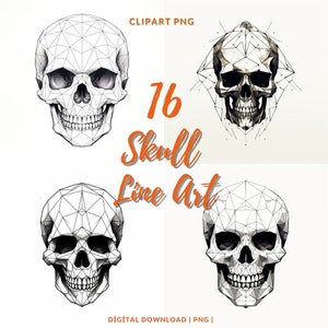 Skull Clipart PNG, 16 Line Art Skull Images, Geometric Skull PNG Bundle ...