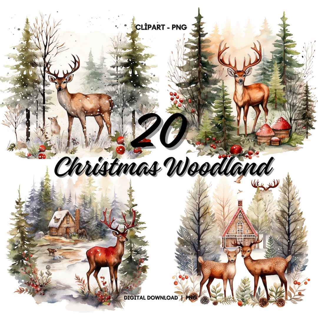 Christmas Woodland Watercolor Clipart PNG, 20 Christmas Forest Images ...
