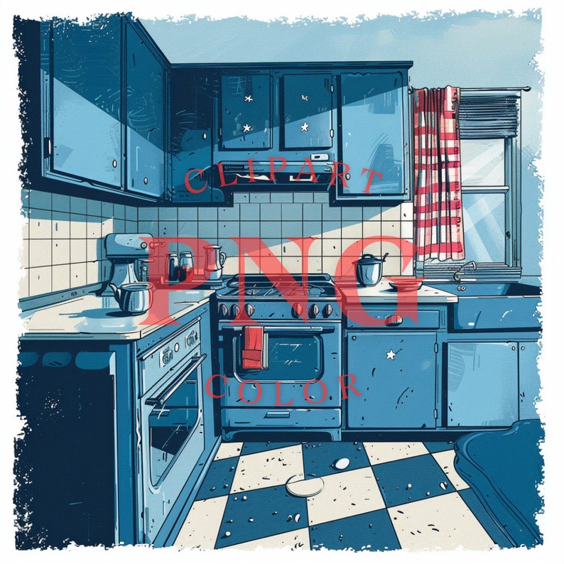 Vintage Kitchen Clipart, 15 Blue Kitchen Images Bundle, Vintage PNG Set ...