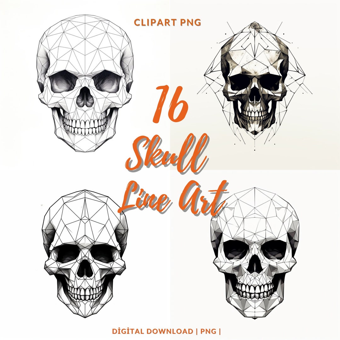 Skull Clipart PNG, 16 Line Art Skull Images, Geometric Skull PNG Bundle ...