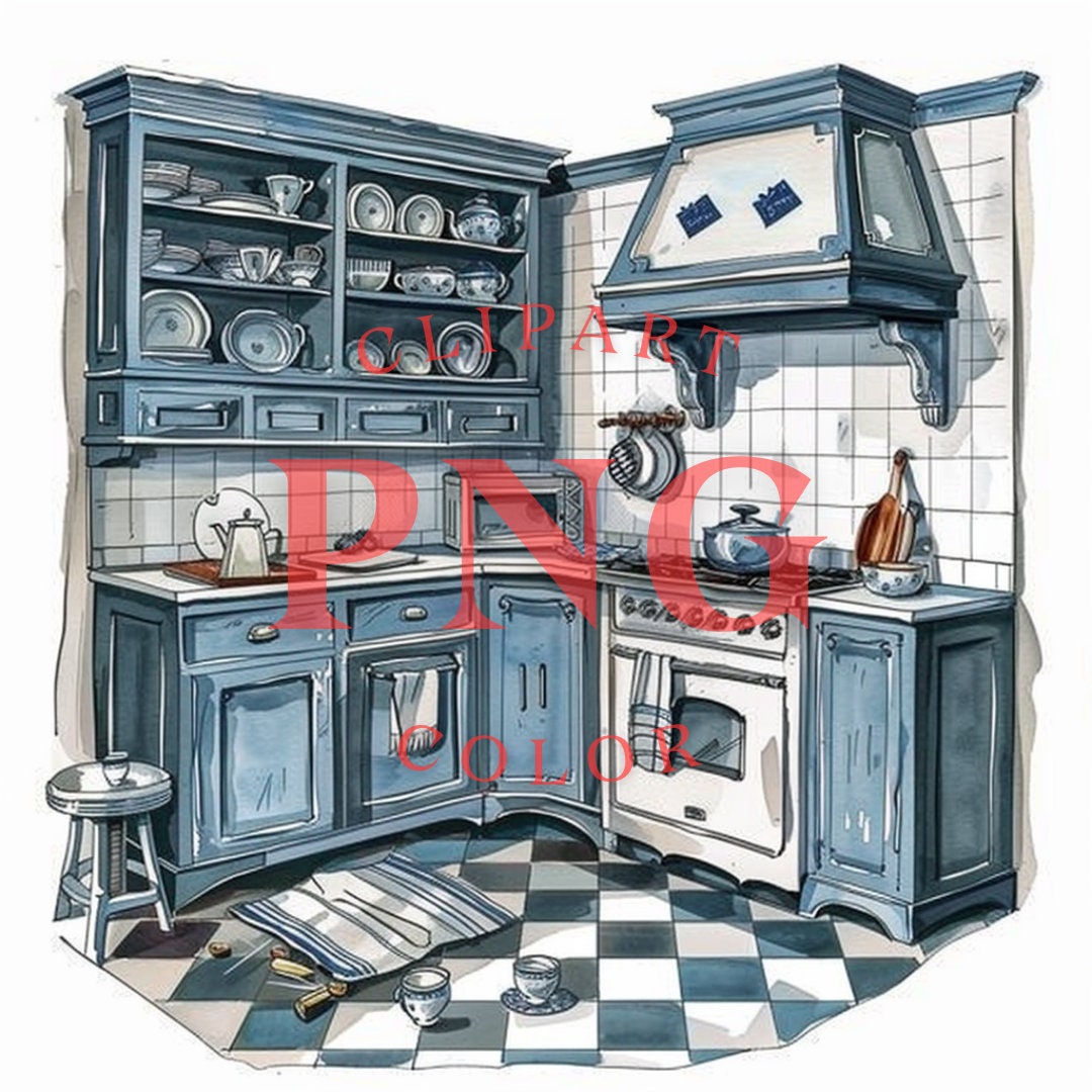 Vintage Kitchen Clipart, 15 Blue Kitchen Images Bundle, Vintage PNG Set ...