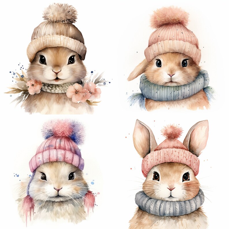 Bunny Clipart PNG, 16 Winter Watercolor Rabbit PNG, Animal Bundle ...