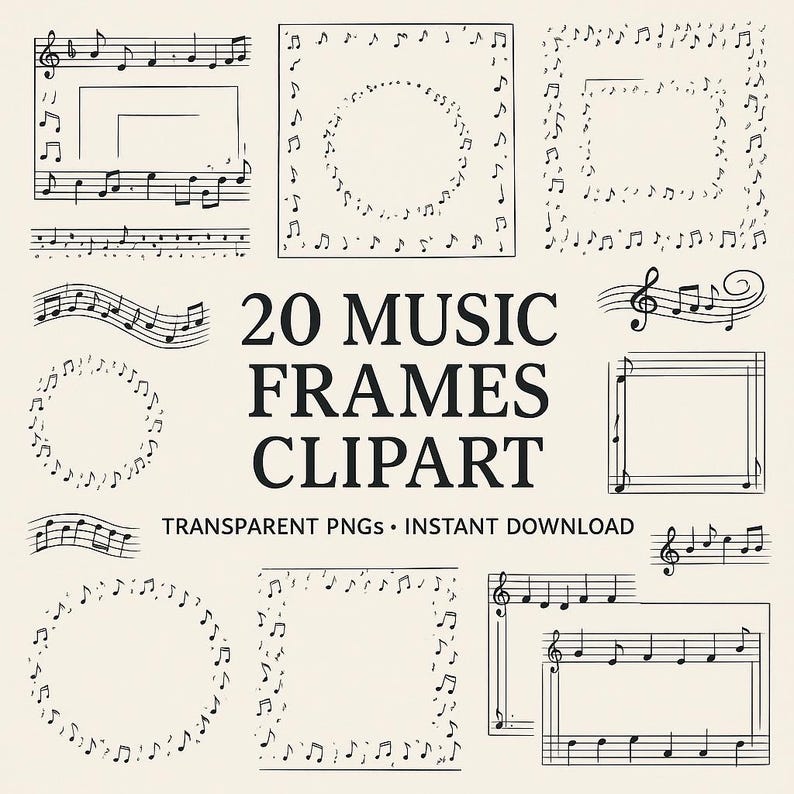 Music Notation Frames Clipart: Black and White PNG Bundle (commercial ...
