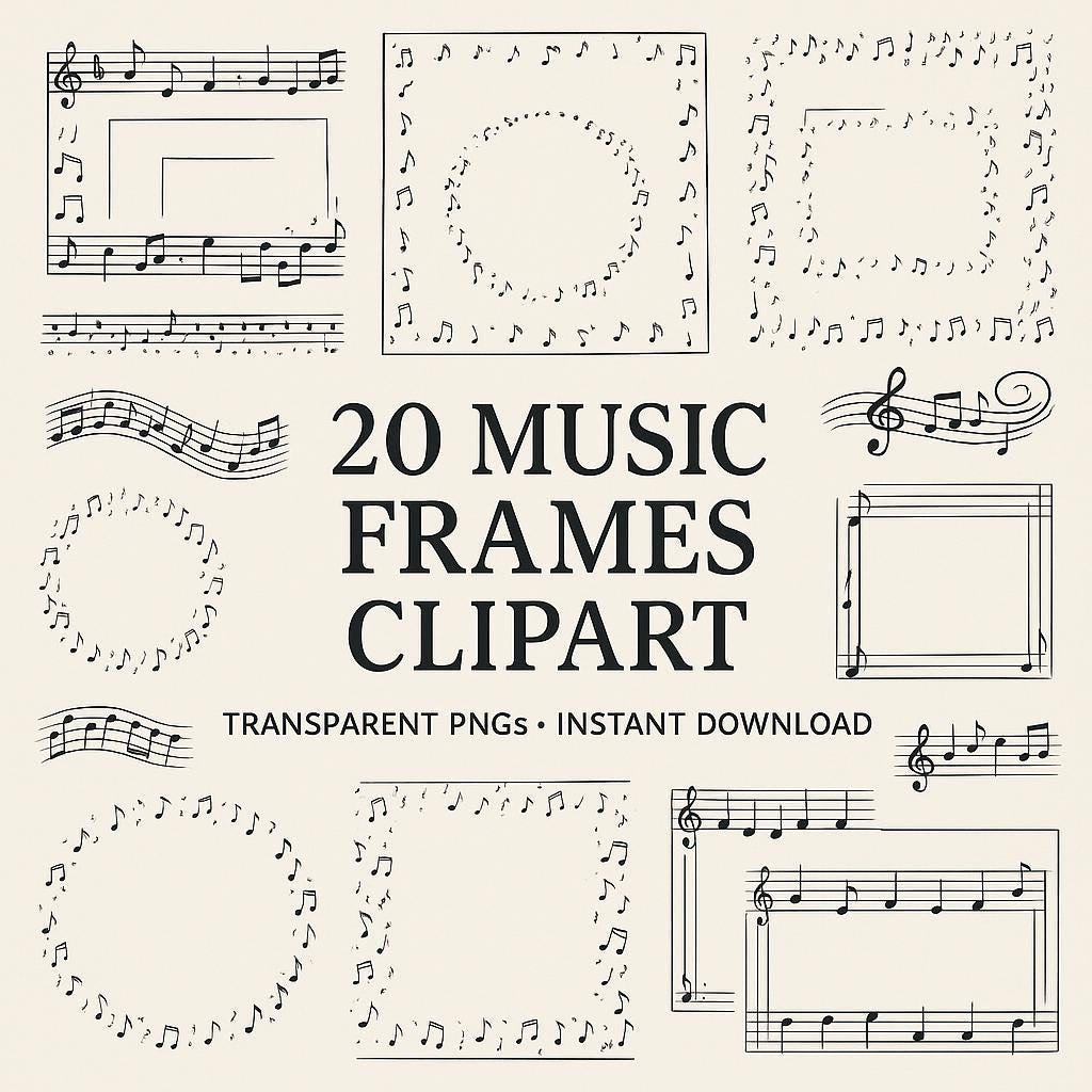 Music Notation Frames Clipart: Black and White PNG Bundle (commercial ...