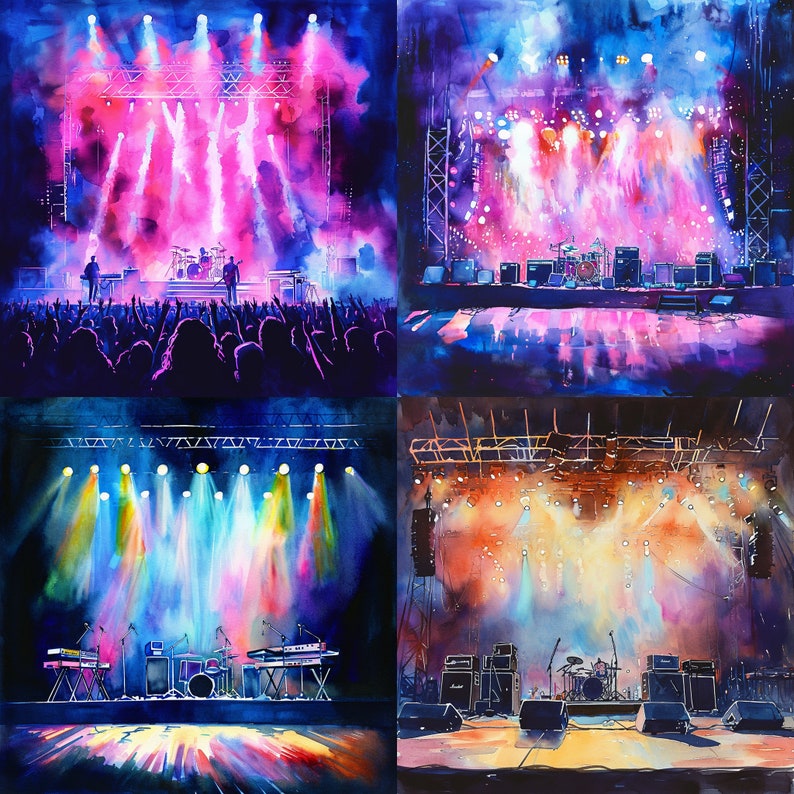 Concert Stage Watercolor Clipart: Music Performance PNG Images (digital ...
