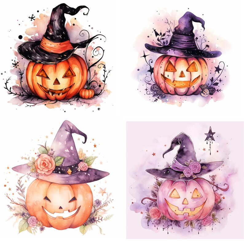 Halloween Pumpkin Watercolor Clipart PNG 17 Halloween Wizard - Etsy