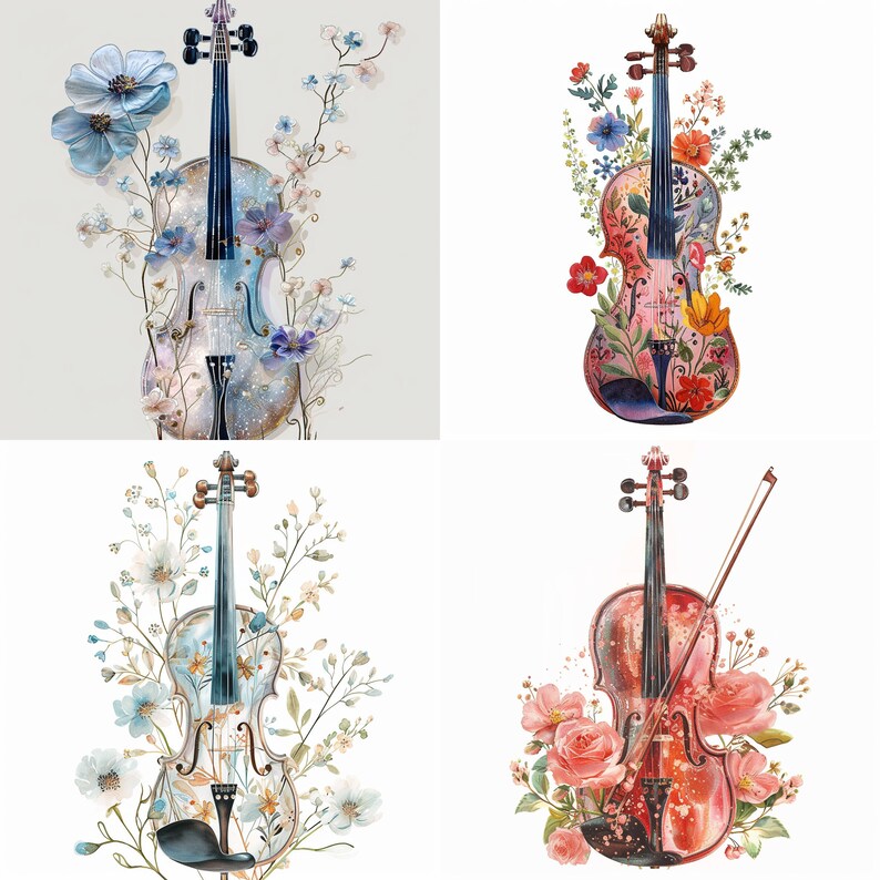Floral Embroidered Violin Clipart: Musical PNG Images (commercial Use ...