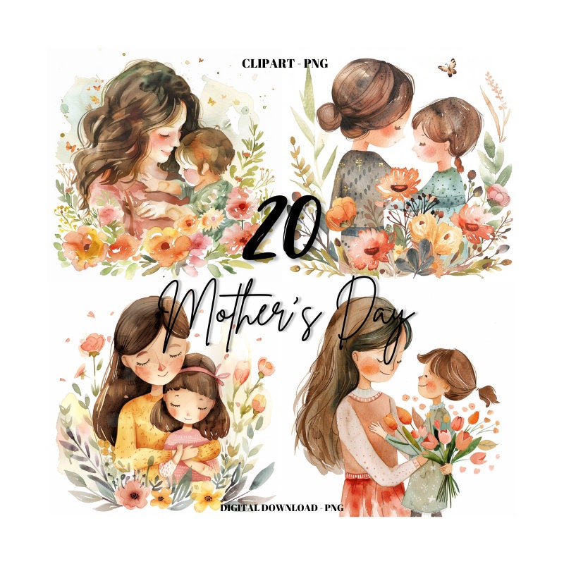 Mothers Day Watercolor Clipart, 20 Motherly Love Images PNG, Mom's Day ...