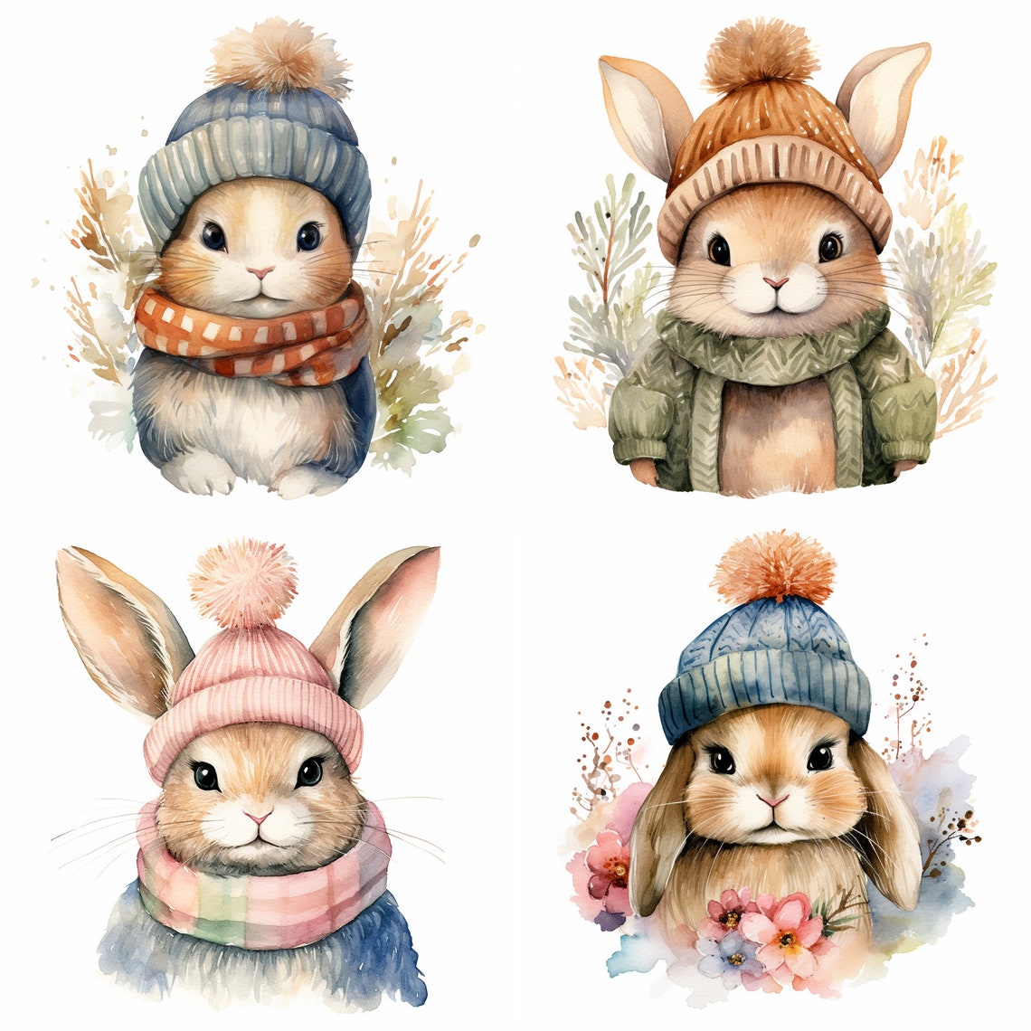 Bunny Clipart PNG, 16 Winter Watercolor Rabbit PNG, Animal Bundle ...