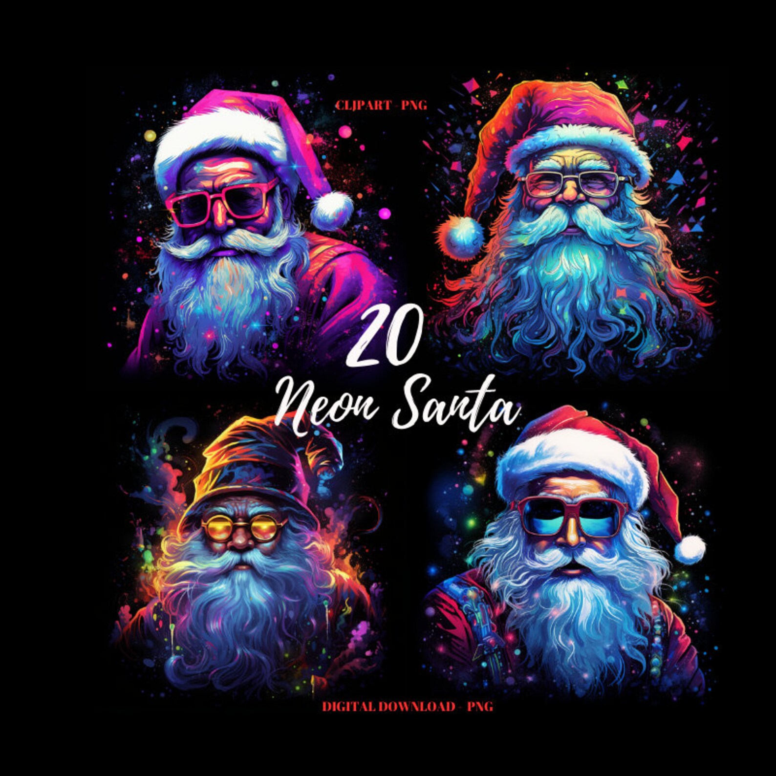 Santa Clipart PNG 20 Neon Santa Claus Images Bundle Black - Etsy