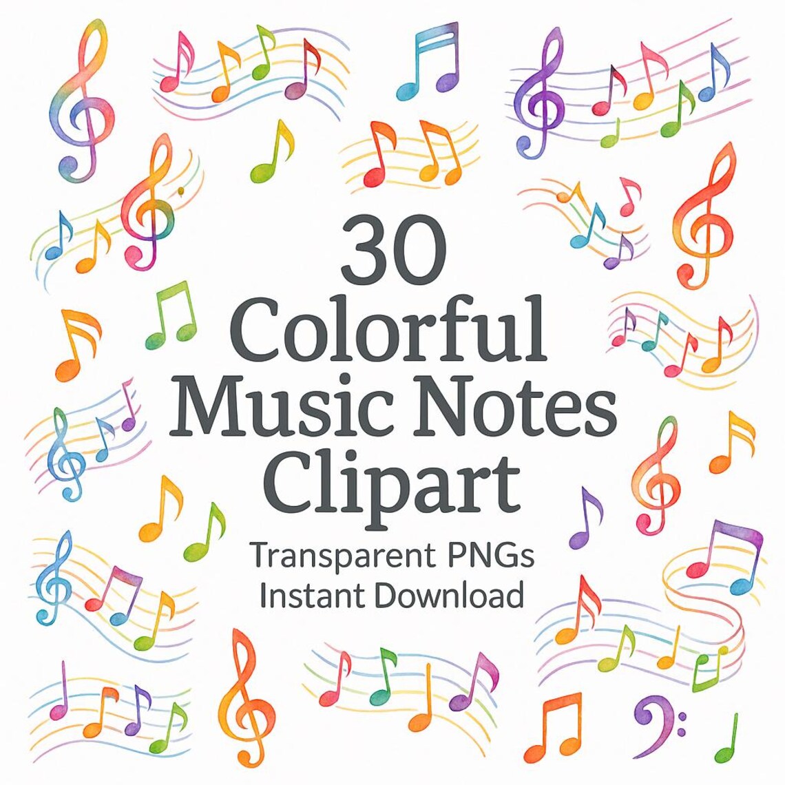 30 Colorful Music Notes Clipart, Watercolor PNG Bundle, Transparent ...