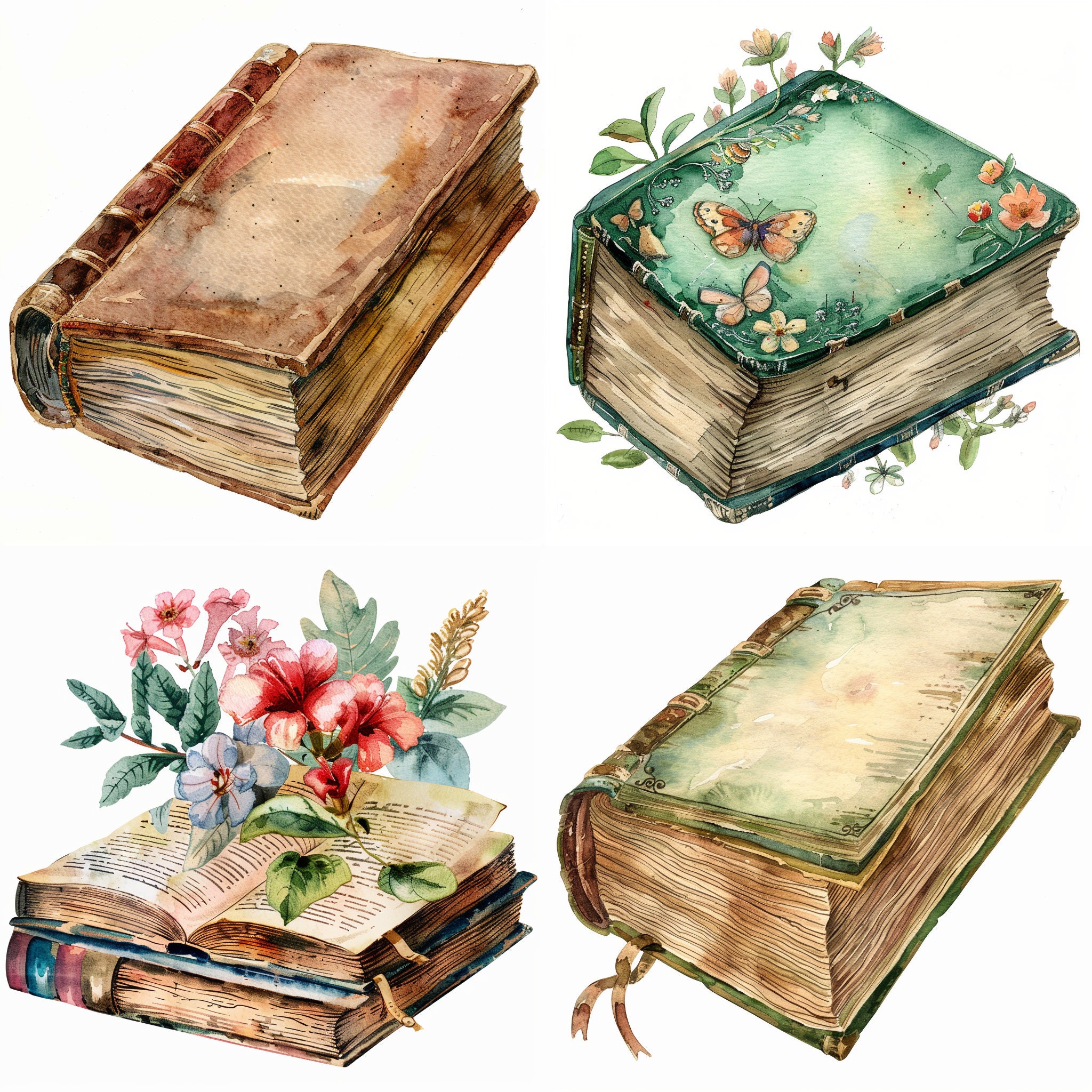 Vintage Watercolor Book Clipart, 23 Vintage Book PNG Images, Watercolor ...