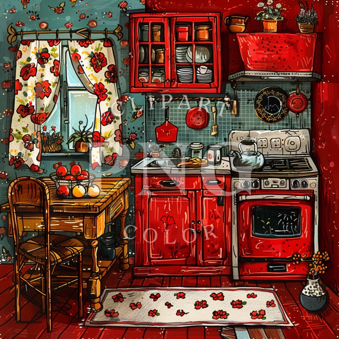 Vintage Kitchen Clipart, 16 Red Kitchen Images Bundle, Vintage PNG Set ...