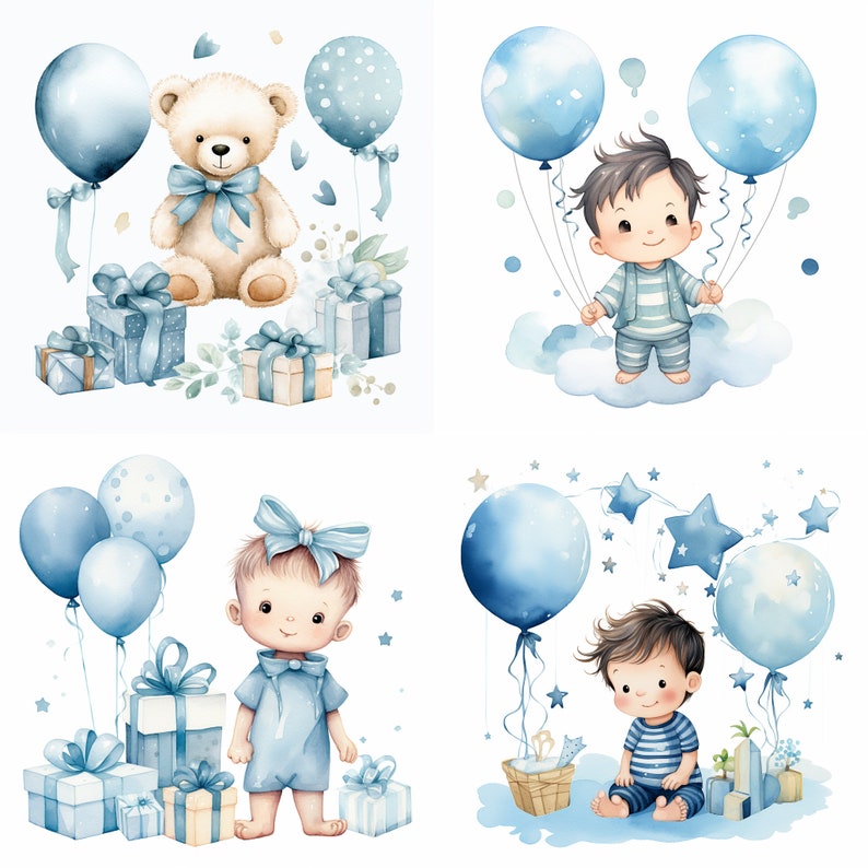 Baby Shower Watercolor Clipart PNG, 30 Baby Shower Boy Images Bundle ...