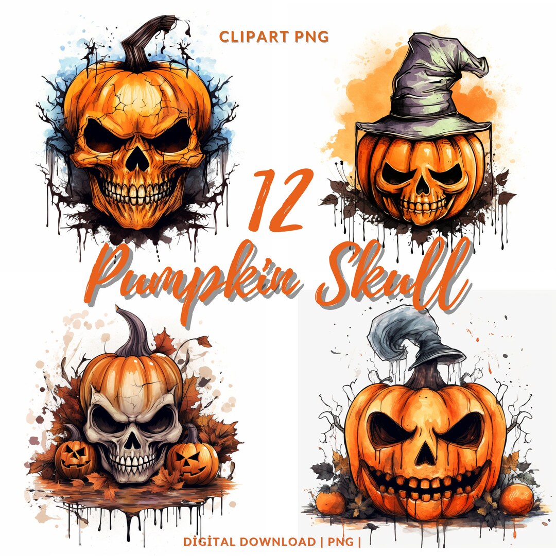 Halloween Watercolor Clipart 12 Halloween Items PNG Skull Pumpkin PNG ...