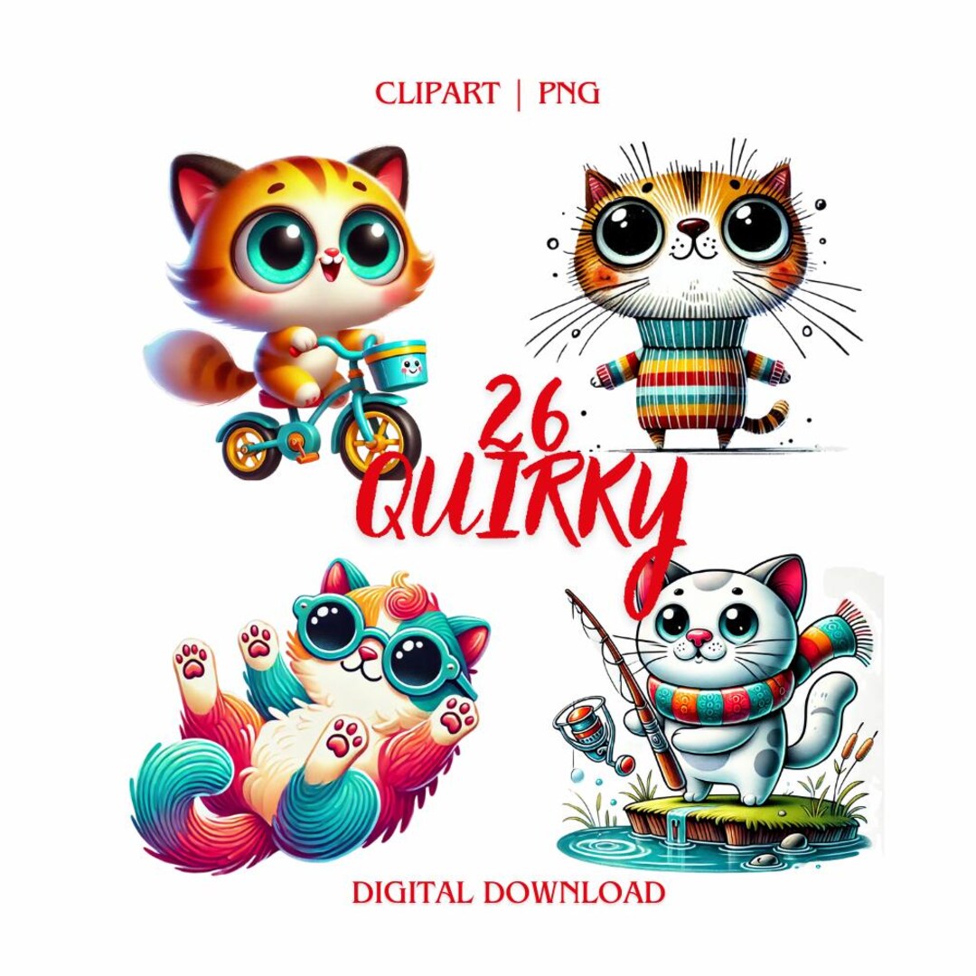 Quirky Cat Clipart, 26 Cute Cat Pngs, Cute Cat Illustration, Quirky Cat ...