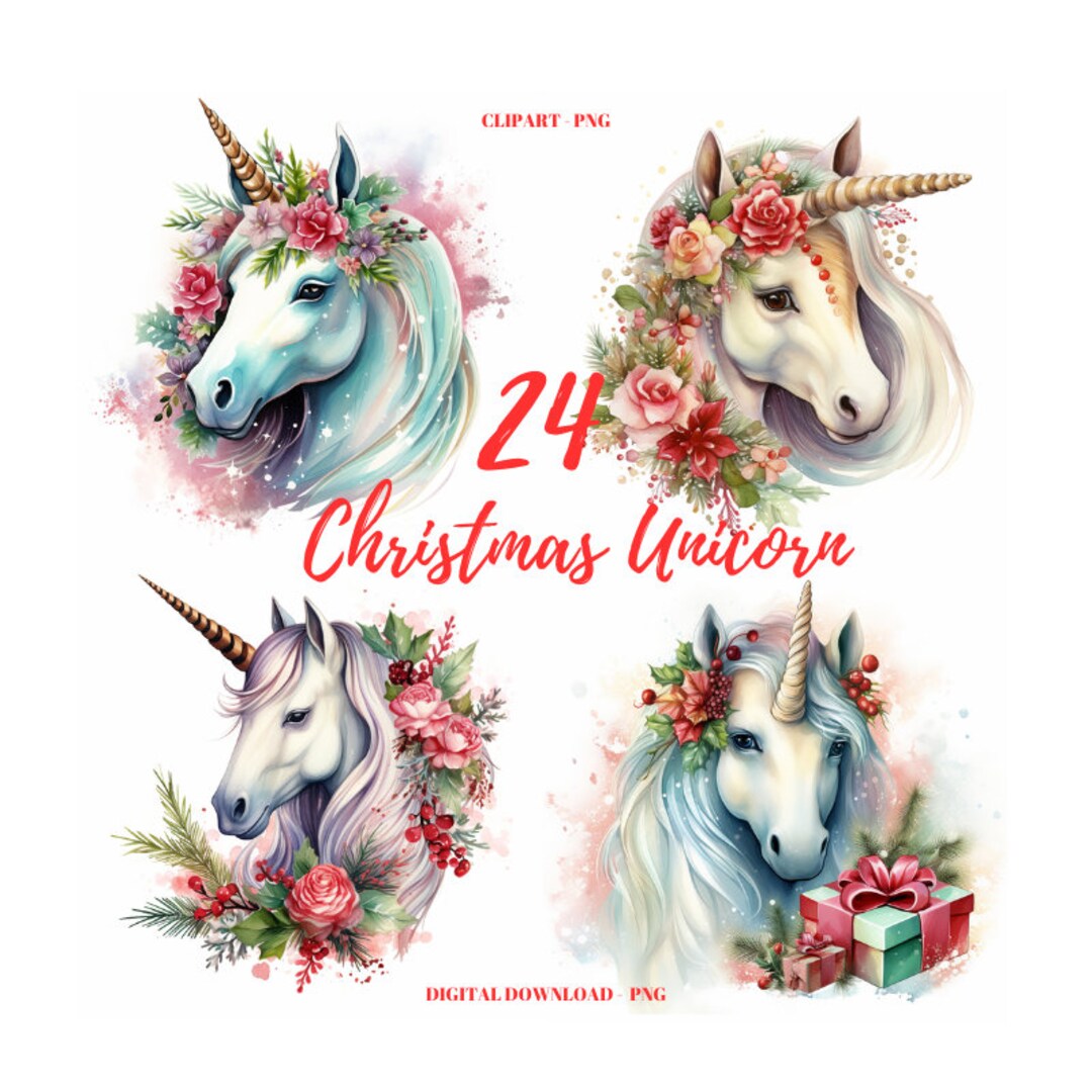 Unicorn Clipart, 24 Watercolor Adorable Xmas Unicorn Images Bundle ...