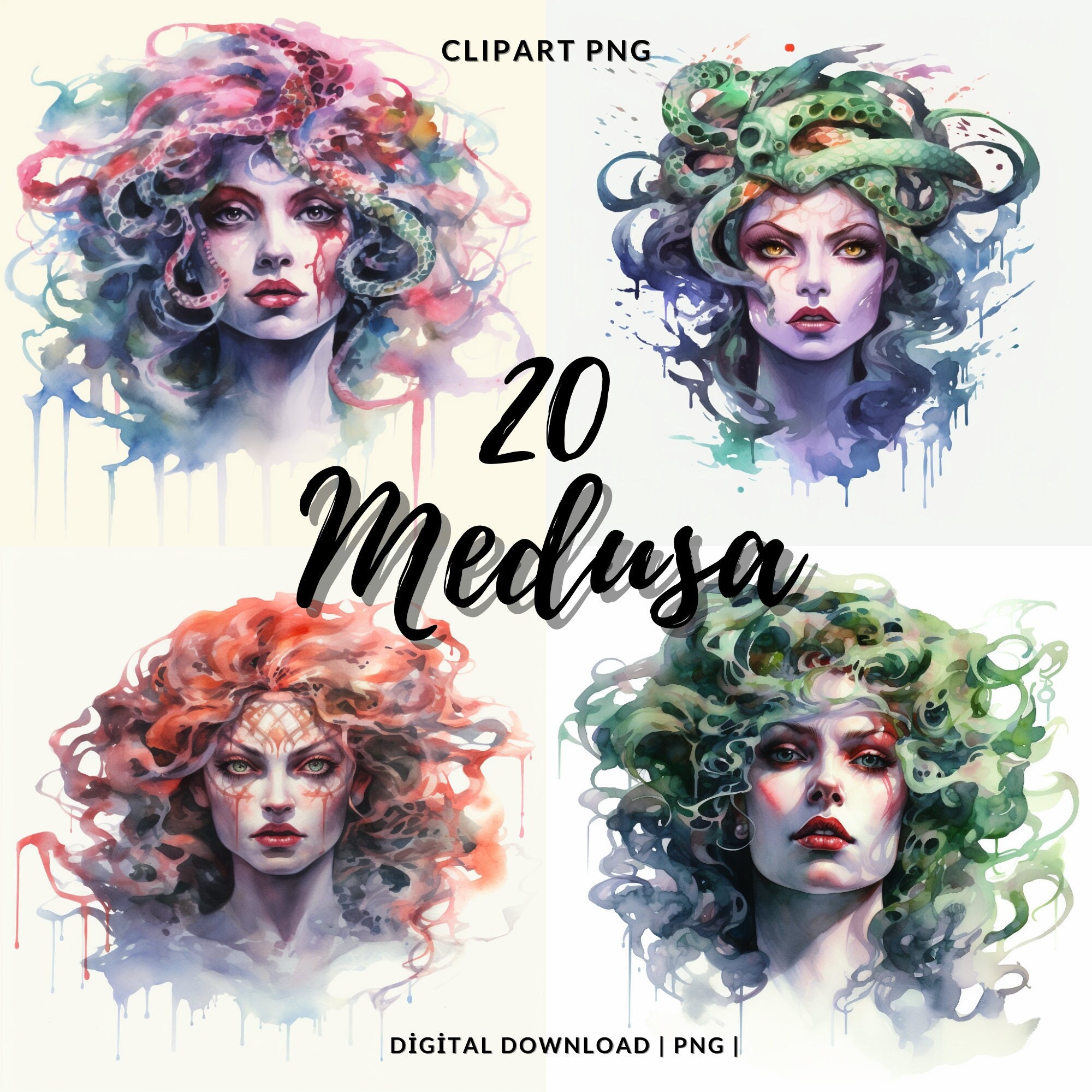 20 Medusa Watercolor Clipart PNG Serpentine Beauty, High-quality ...