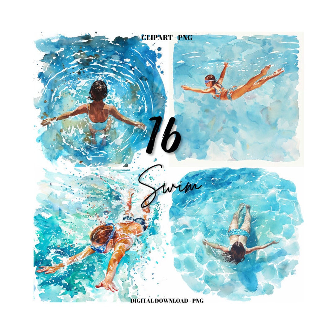 Swim Clipart, 16 Watercolor Swimming Images Bundle, Swim PNG, Swimmer ...