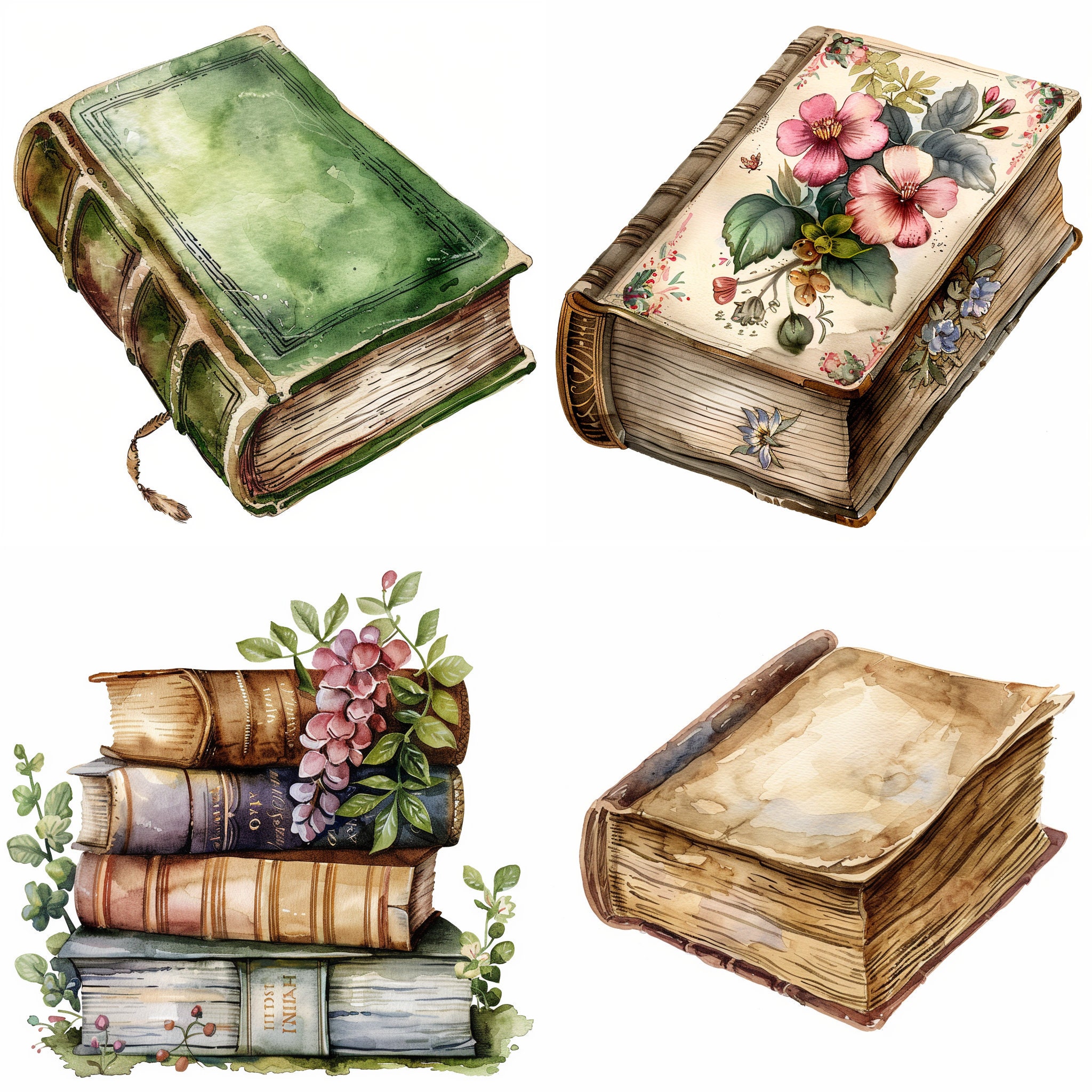 Vintage Watercolor Book Clipart, 23 Vintage Book PNG Images, Watercolor ...
