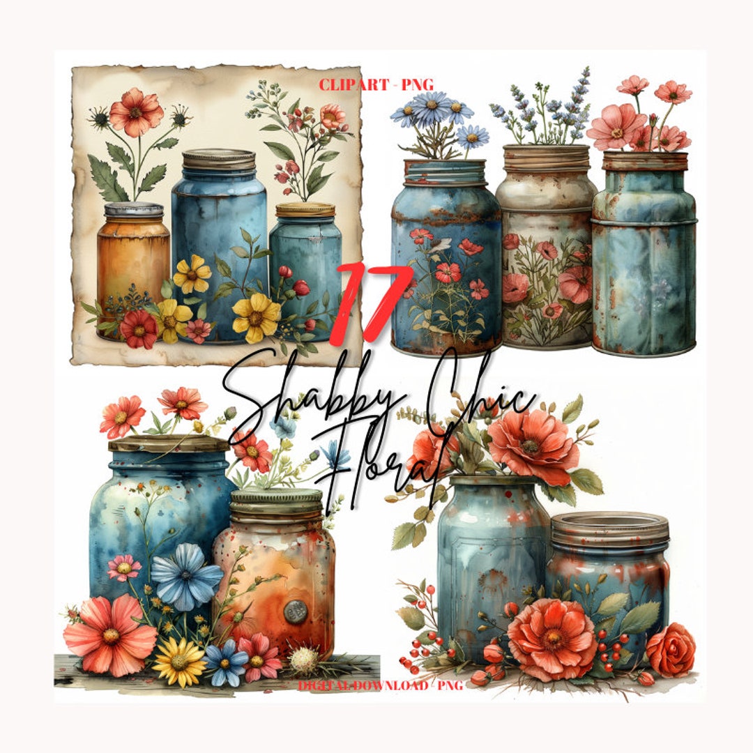 Shabby Chic Retro Flowers Clipart, 17 Watercolor Flowers PNG, Scrapbook ...